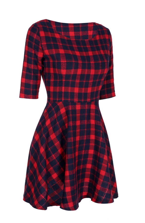 3/4 Sleeve Plaid Print Dress on Luulla