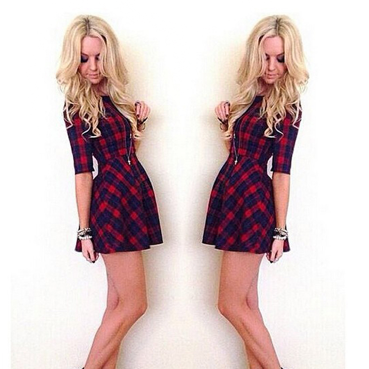 3/4 Sleeve Plaid Print Dress on Luulla