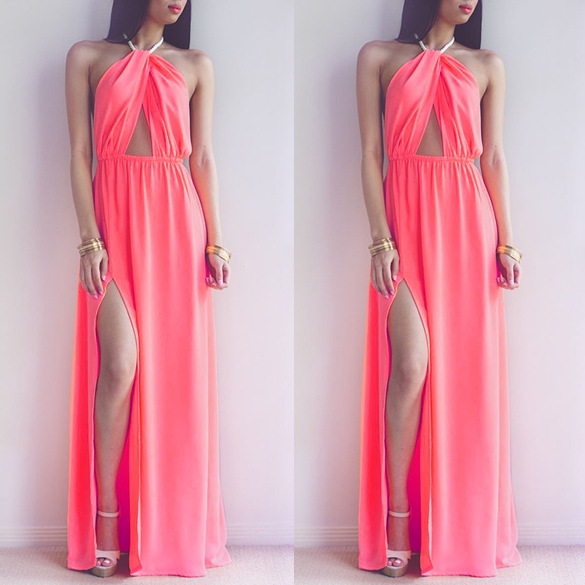 Pink Halter Backless Sleeveless Maxi on Luulla